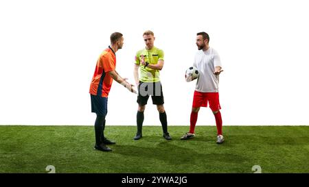 Referee standing between two arguing man, soccer players from opposite ...