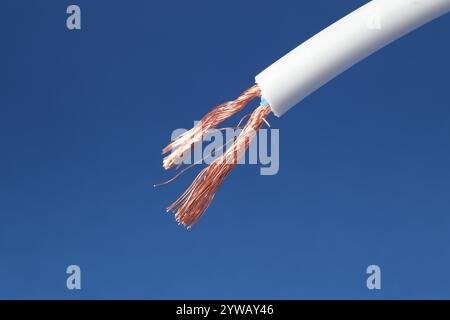 White stripped electrical wire on blue background, closeup. Space for ...