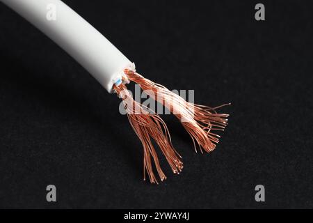 White stripped electrical wire on black background, closeup Stock Photo ...