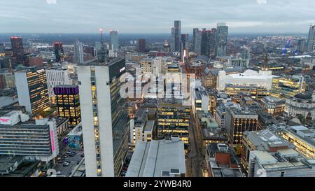 Manchester City centre Aerial night view of Deansgate Square and ...