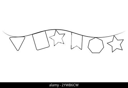 continuous single line drawing of bunting garland, pastel colored ...