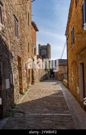 Cobblestone street, medieval walled town of Perouges labelled les Plus ...