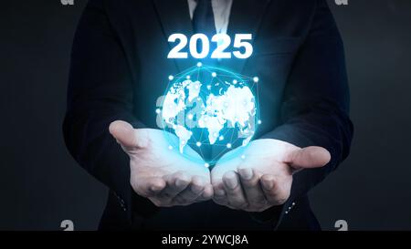 2025 number with a virtual globe. Planning, opportunity, challenge, and ...