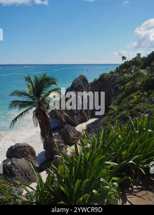A beautiful shot of the Tulum ruins near the turquoise ocean in Mexico ...