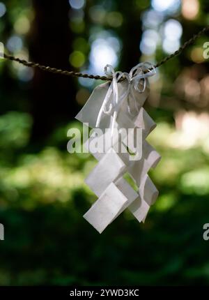 A zigzag-shaped paper streamer used in Shinto rituals to mark sacred ...