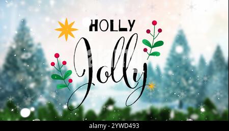 Image of jolly text over snow falling on red background Stock Photo - Alamy