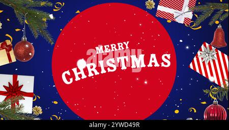 Image of merry christmas over presents and decorations on red surface ...