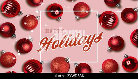 Image of happy holidays text with baubles hanging over stars on black ...