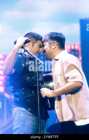 Spanish singers Estopa (David Munoz and Jose Munoz) performs on stage ...