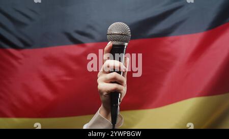 Woman Singer Or Tv Presenter Holding Mic, Mike Or Microphone In Hand On ...