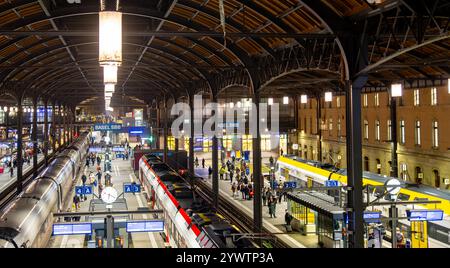 Crowded main station of Basel SBB in Switzerland with two trains in the ...