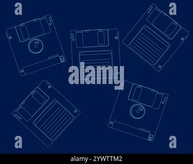 detailed outline floppy-disk, retro object isolated on blue. Vector ...