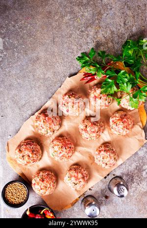 Raw meatball over wooden background ready for cooking Stock Photo - Alamy