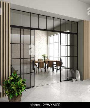 Interior of conference hall with table, shelving unit and projector ...