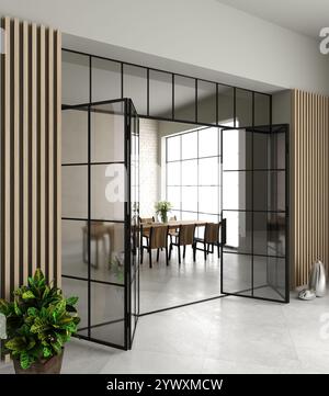 Interior of conference hall with table, shelving unit and projector ...