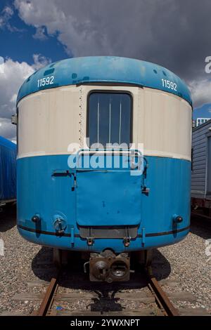 Old white and blue passenger railroad car in summer Stock Photo - Alamy