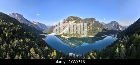 Aerial view of Lago del Predil, Lake Predil in the Alpine part of Italy ...