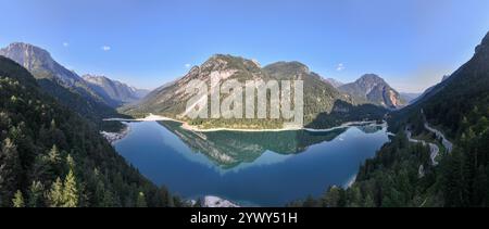 Aerial view of Lago del Predil, Lake Predil in the Alpine part of Italy ...