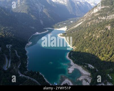 Aerial view of Lago del Predil, Lake Predil in the Alpine part of Italy ...