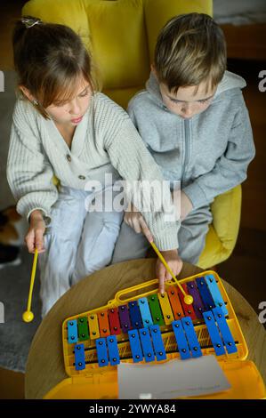kids are playing music on metallophone at home together Stock Photo - Alamy