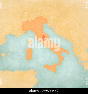 Umbria on the map of Italy in soft grunge and vintage style, like old ...
