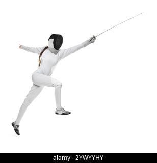 Fencer with epee practicing on white background Stock Photo - Alamy