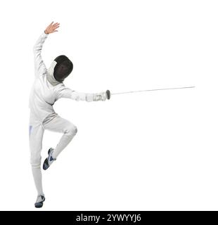 Fencer with epee practicing on white background Stock Photo - Alamy