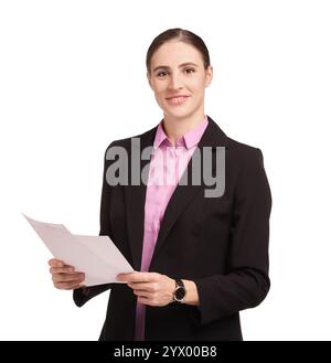 Portrait of banker with documents on white background Stock Photo - Alamy