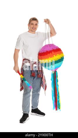Happy man with colorful pinata and stick on white background Stock ...