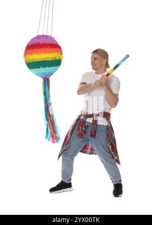 Happy man breaking pinata on white background Stock Photo - Alamy