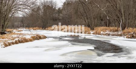 Big Rib River partially frozen in central Wisconsin, horizontal Stock ...