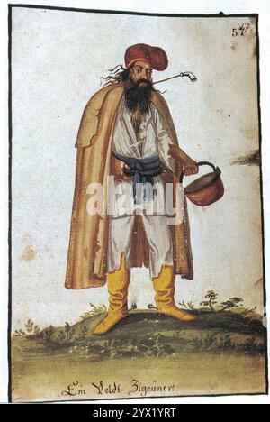 The 18th-century costume of a Gipsy man from Transylvania is portrayed ...