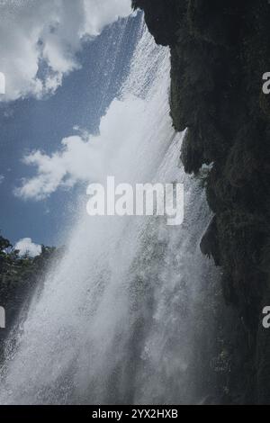The view under Huangguoshu Waterfall in Guizhou Province, China, blue ...