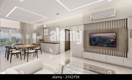 Interior design of a living room with false ceiling and lighting 3d ...