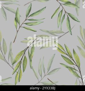 Watercolor Olive tree branch, fruitless with green leaves. Botanical ...