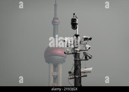 Security cameras on a pole near the Bund Square in Shanghai, China ...