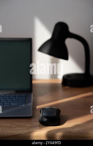 Minimal workspace with blank screen laptop computer and ceramic vase ...