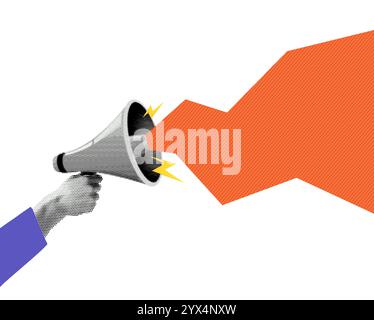 Halftone megaphone, loudspeaker in hand. Advertising speaker with ...