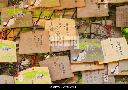 Wooden cards (ema) with prayers and wishes and white paper omikuji ...
