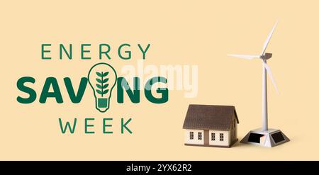 Banner for Energy Saving Week with wind turbine, solar panel, model of ...
