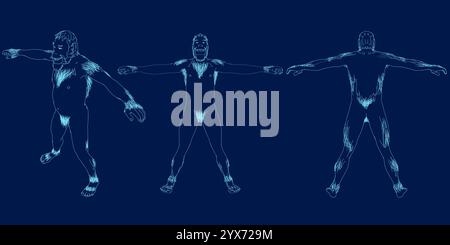 Neanderthal Man contour set, Front, side, isometric view. Vector ...