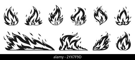 Fire flames with sparks big set. Bright fireball, red heat wildfire ...