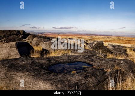 Small pool of water in a depression of the gritstones of Blackstone ...