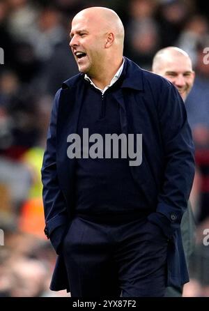 Liverpool manager Arne Slot reacts in the stands to a chance during the ...