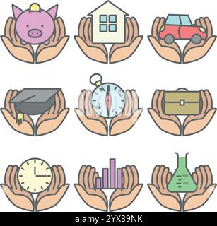 Set of nurturing vector icons with hands holding various symbols ...
