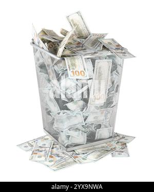 Dollar banknotes in trash bin and coins on white background Stock Photo ...