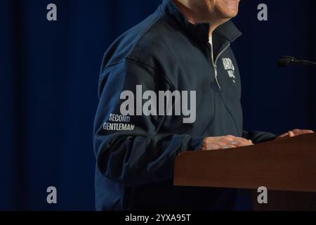 Douglas Emhoff wears a shirt labeled "Second Gentleman" as he speaks at ...