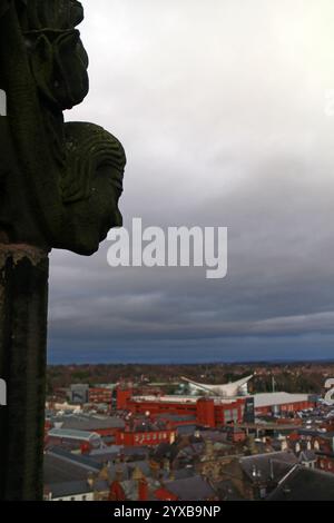 Gargoyles on Wrexham parish church bell tower rooftop Stock Photo - Alamy