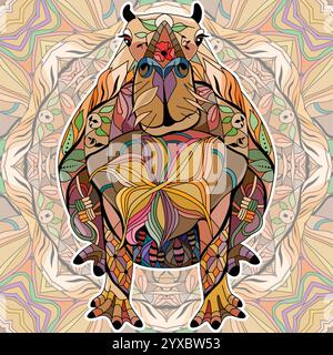 Zentangle stylized Capybara on square ornament for coloring. Hand drawn ...