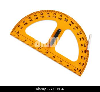 Protractor ruler and chalk isolated on white, top view Stock Photo - Alamy